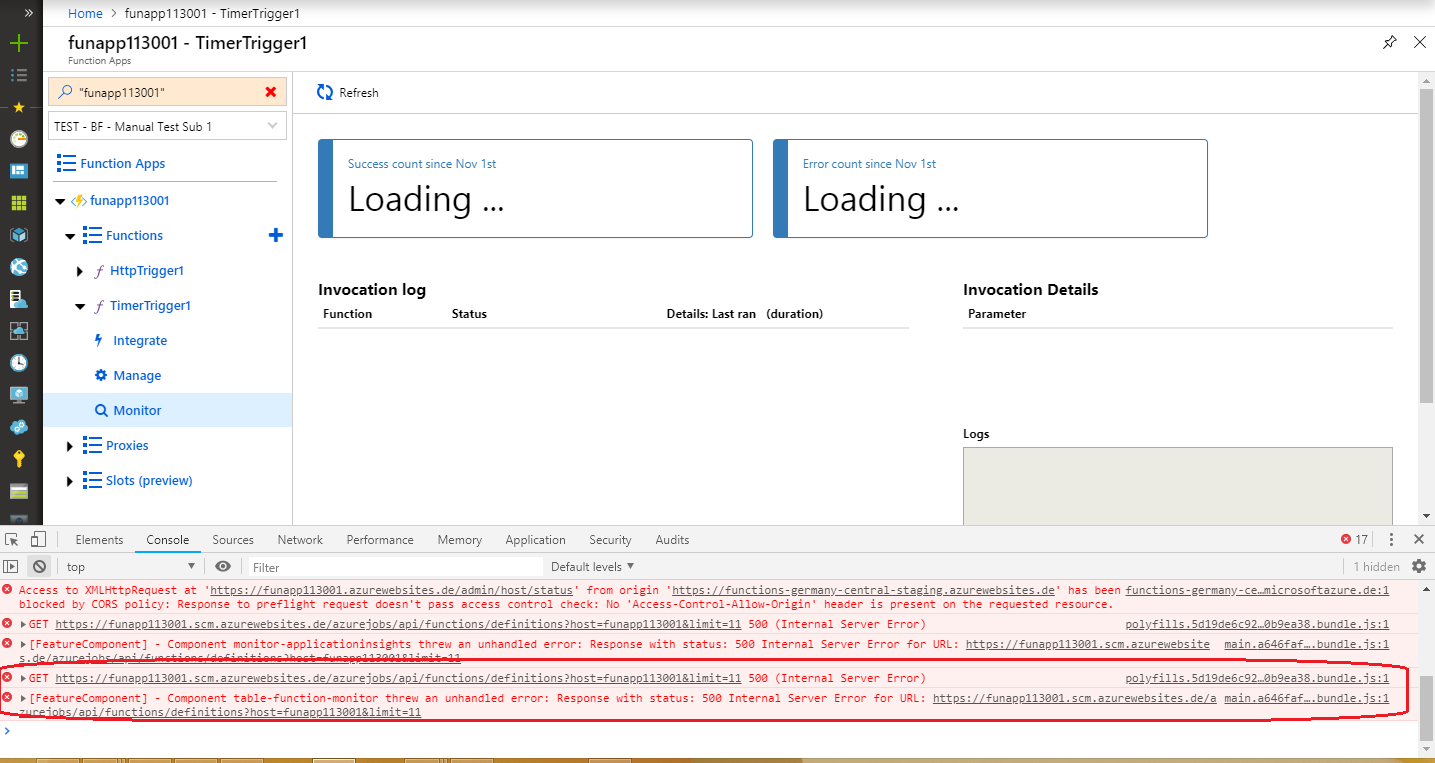 [Blackforest] Monitor Tab doesn't work since Component monitor-applicationinsights threw an ...