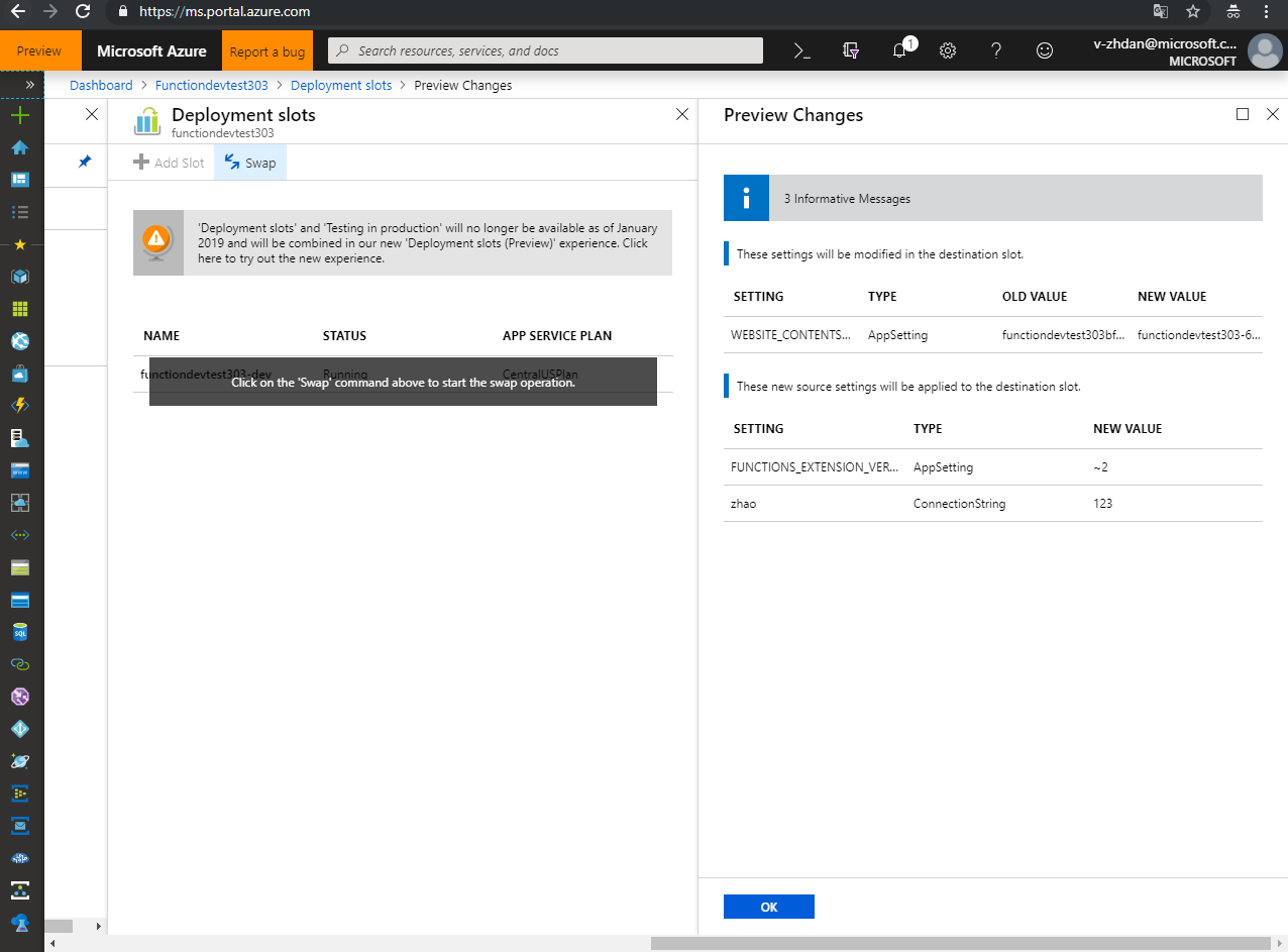 Slot swap blade disappear when open preview changes blade · Issue #4042 · Azure/azure-functions ...