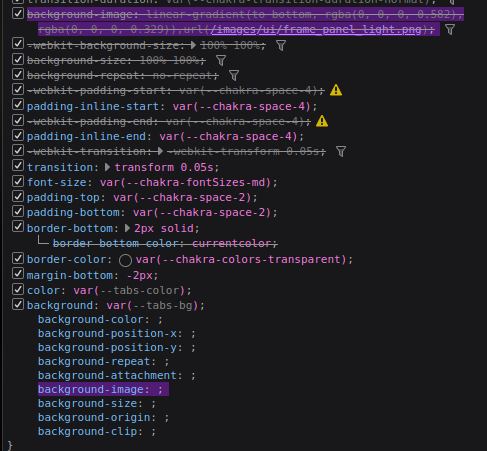 Can't change `Tabs` `background-image` with theming. · Issue #7841 · chakra-ui/chakra-ui · GitHub