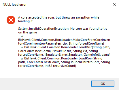 "System.InvaildOperationException: No core was found to try on the game ...