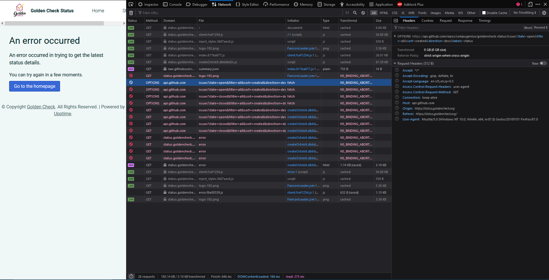 "An error occurred" on new status website · Issue #297 · upptime/upptime · GitHub