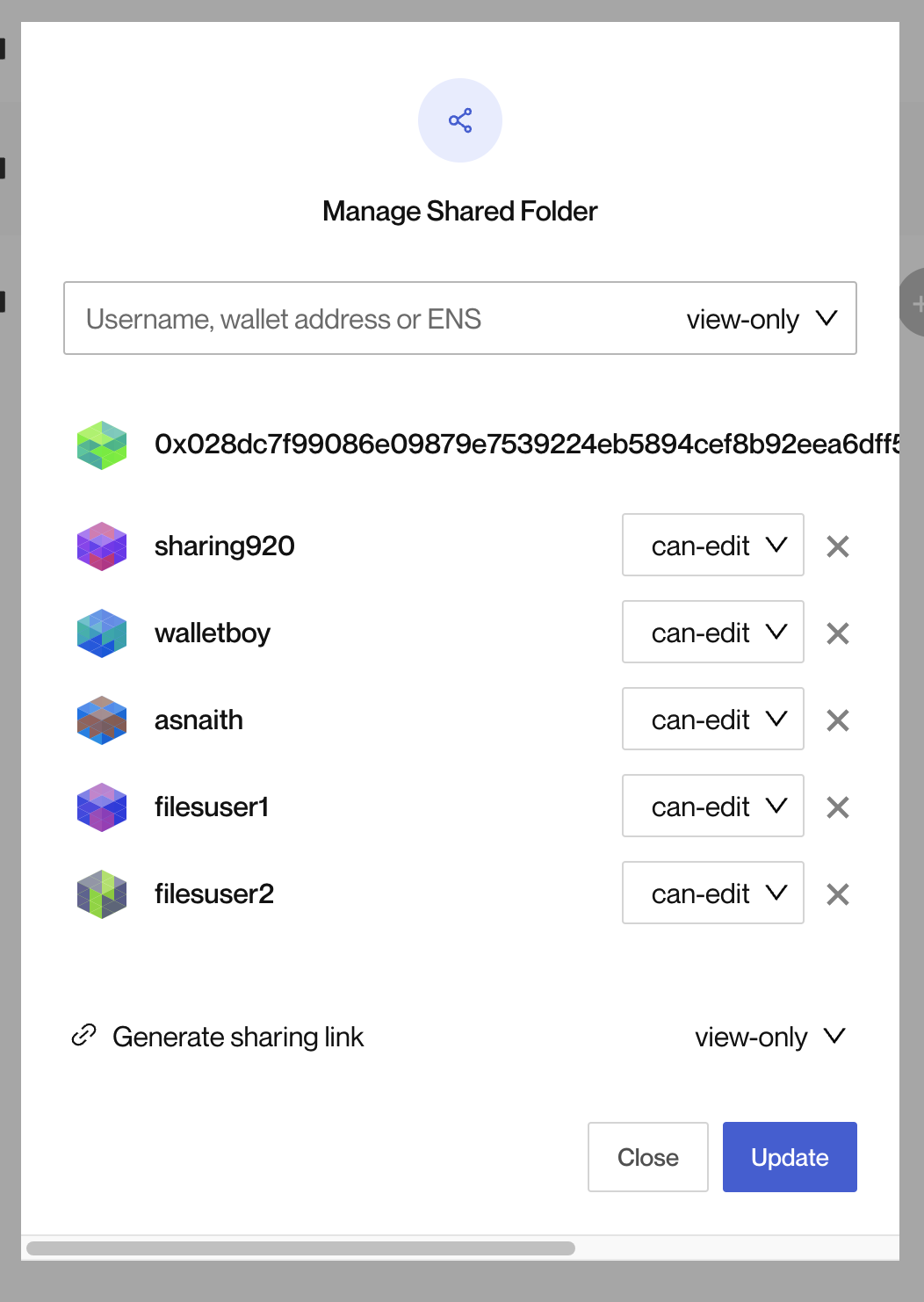 "Manage Shared Folder" modal does not display address / keys correctly · Issue #1984 · ChainSafe ...