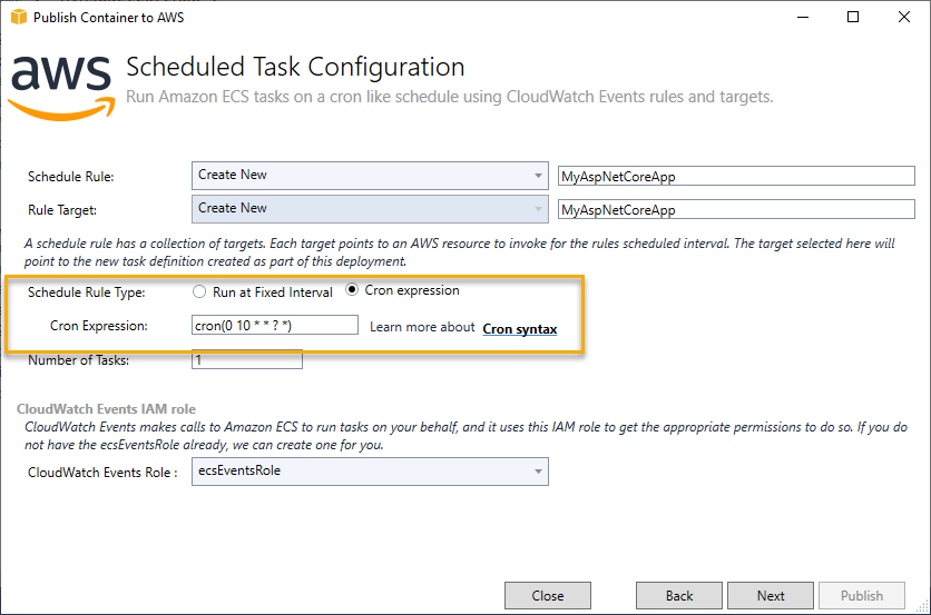 Publish Container to AWS wizard does not remember the Schedule Rule Type for ECS Scheduled Tasks ...