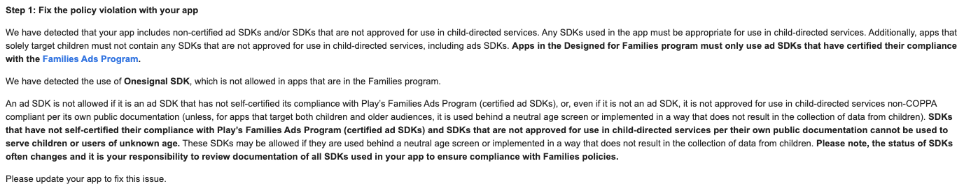 OneSignal SDK not certified for "Designed for Families" on Google Play · Issue #1221 · OneSignal ...
