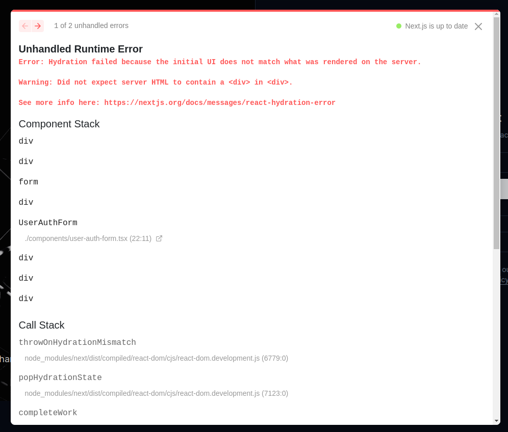 Hydration error when using the Authentication example code · Issue #492 · shadcn-ui/ui · GitHub