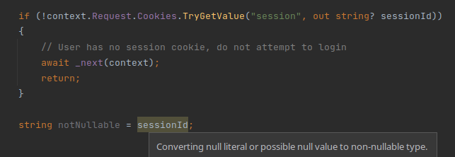 IRequestCookieCollection.TryGetValue() causes "Possible null reference" even if if-statement and ...