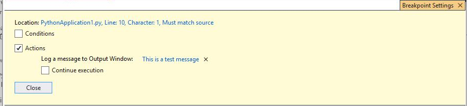 Not print message to output window when press "F10" if set breakpoint with "Actions" · Issue ...