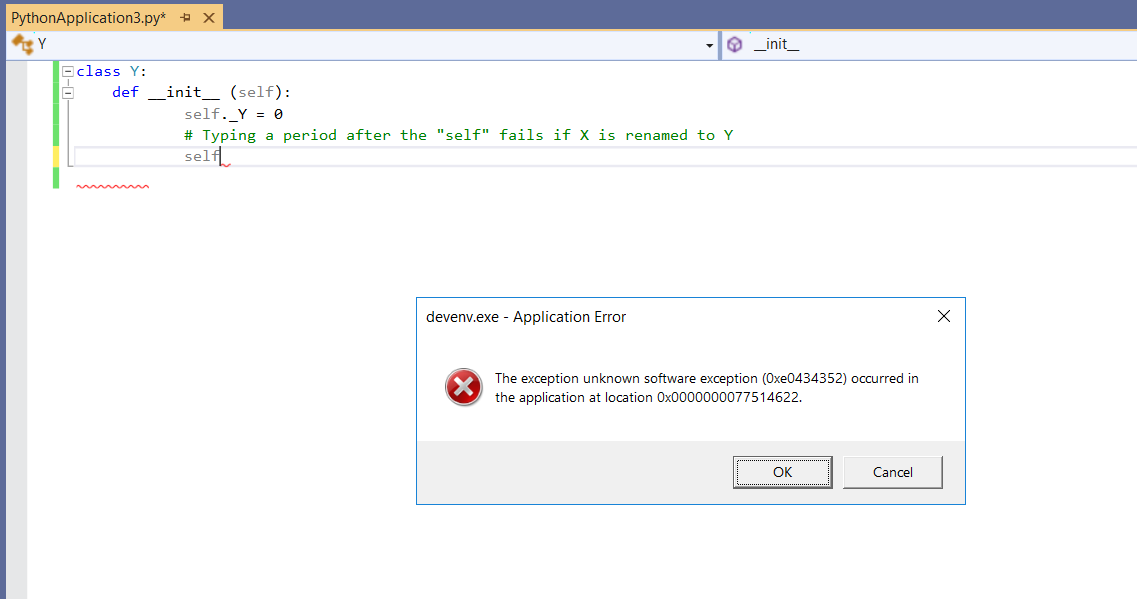 Visual Studio crashes when typing Python code. · Issue #6076 · microsoft/PTVS · GitHub