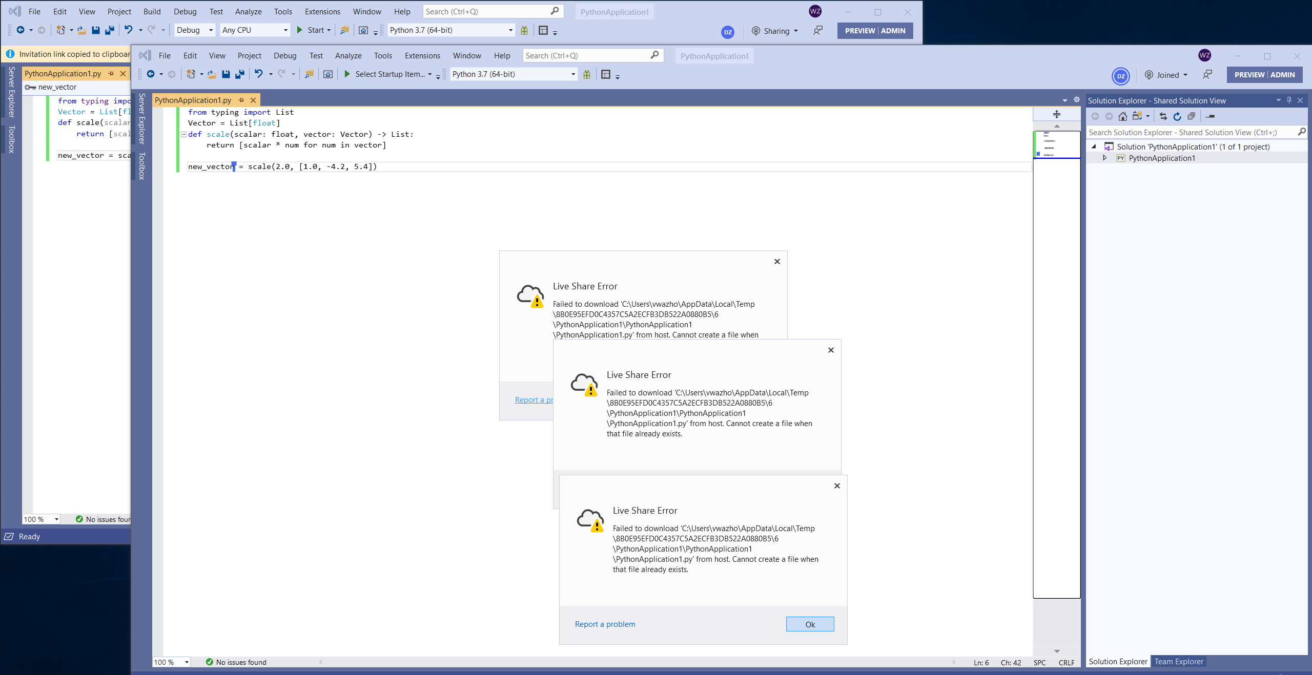 Live Share Error in client When switching between host and Client ...