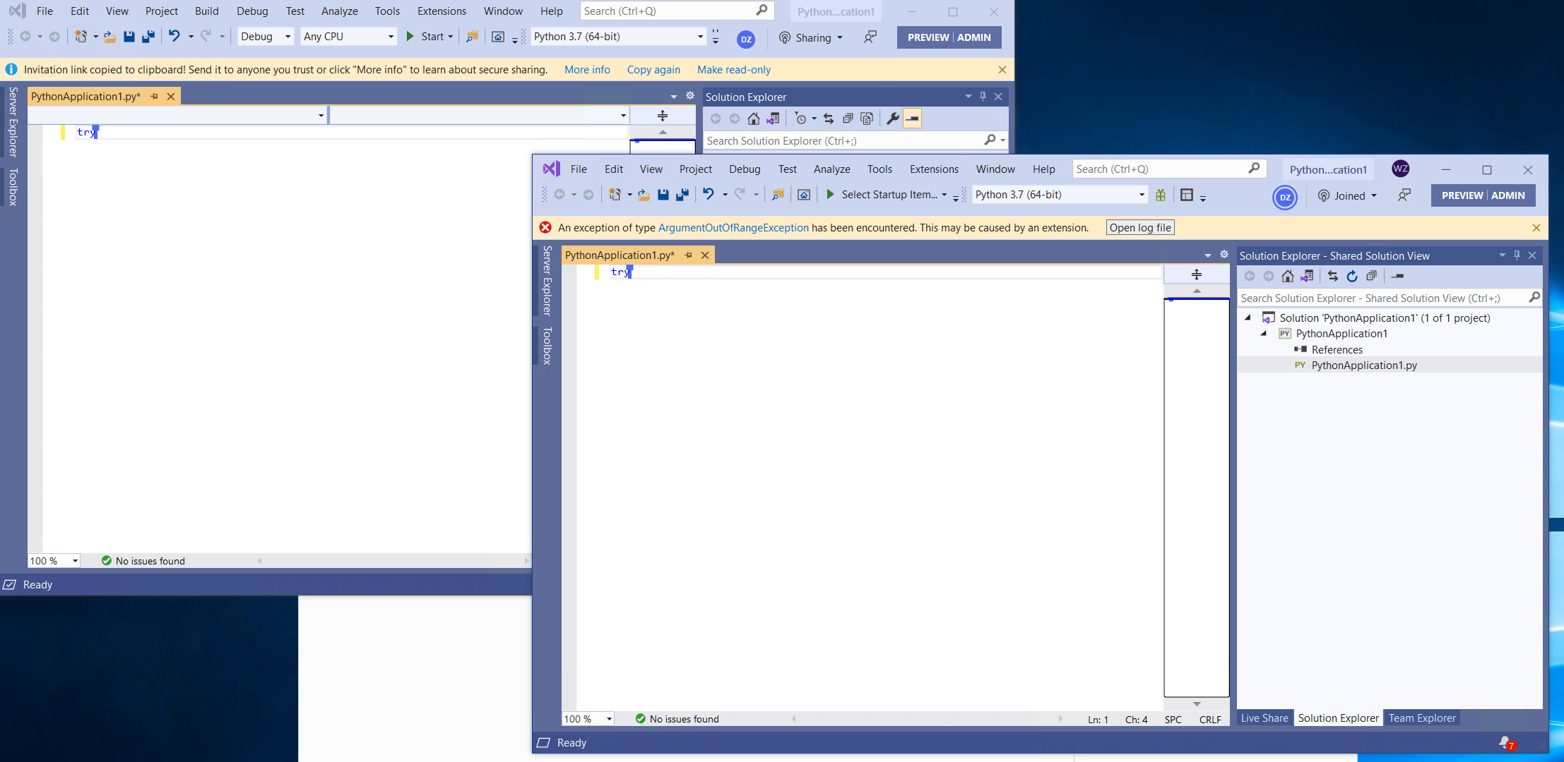Live Share: ArgumentOutOfRangeException error happened in Live Share client when editing ...