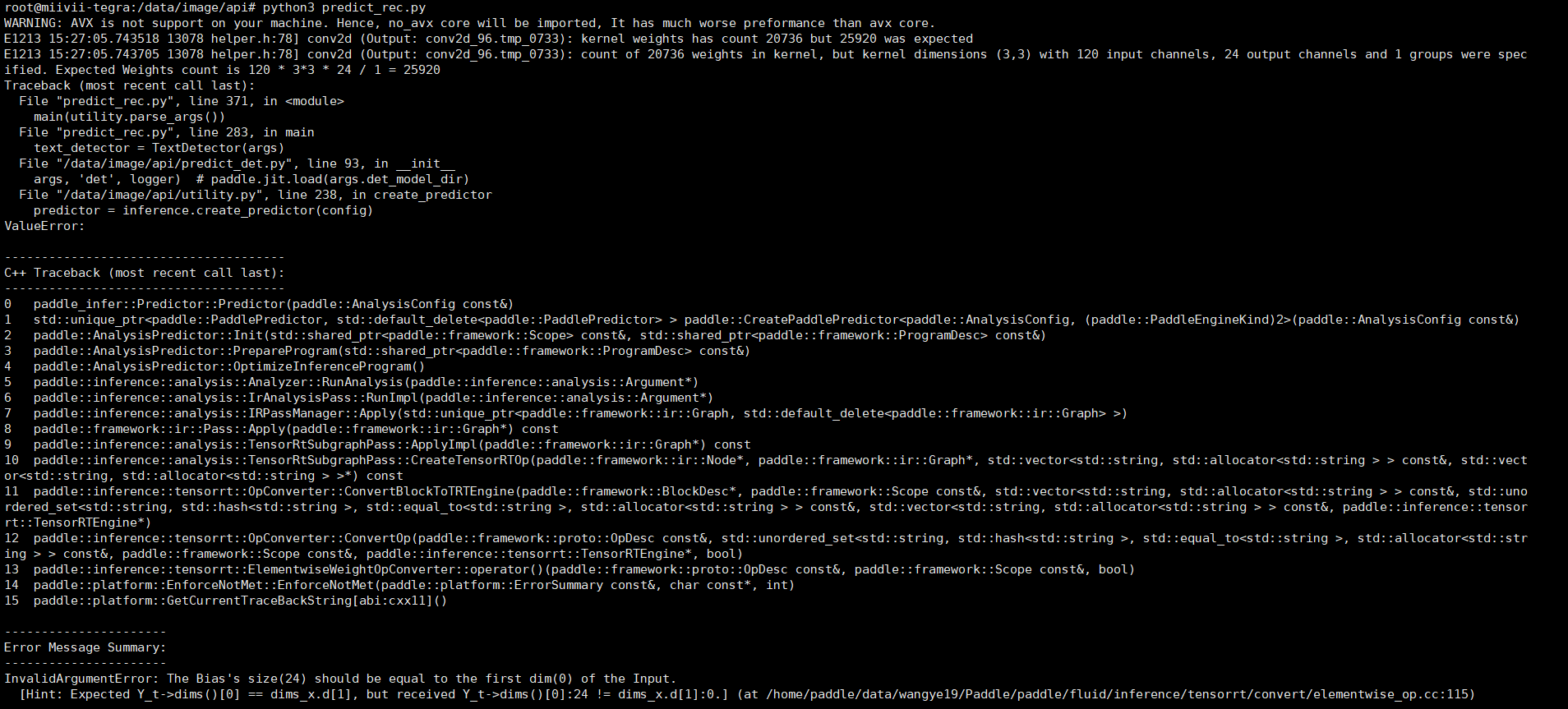 InvalidArgumentError: The Bias's size(24) should be equal to the first dim(0) of the Input ...