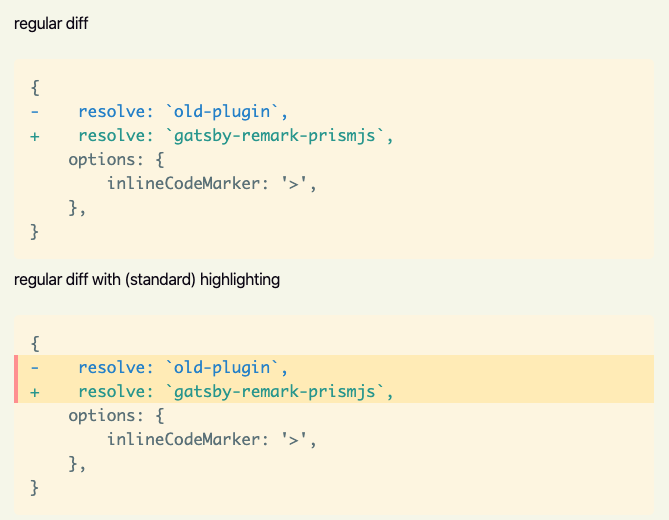 [gatsby-remark-prismjs] `diff` with language / highlight · Issue #20630 · gatsbyjs/gatsby · GitHub