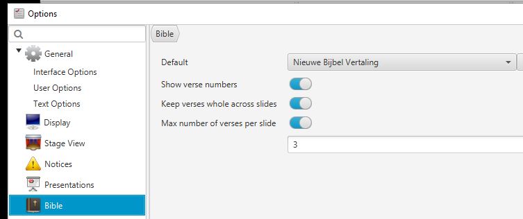 Bible option 'Max number of verses per slide' use.max.bible.chars in quelea.properties file ...