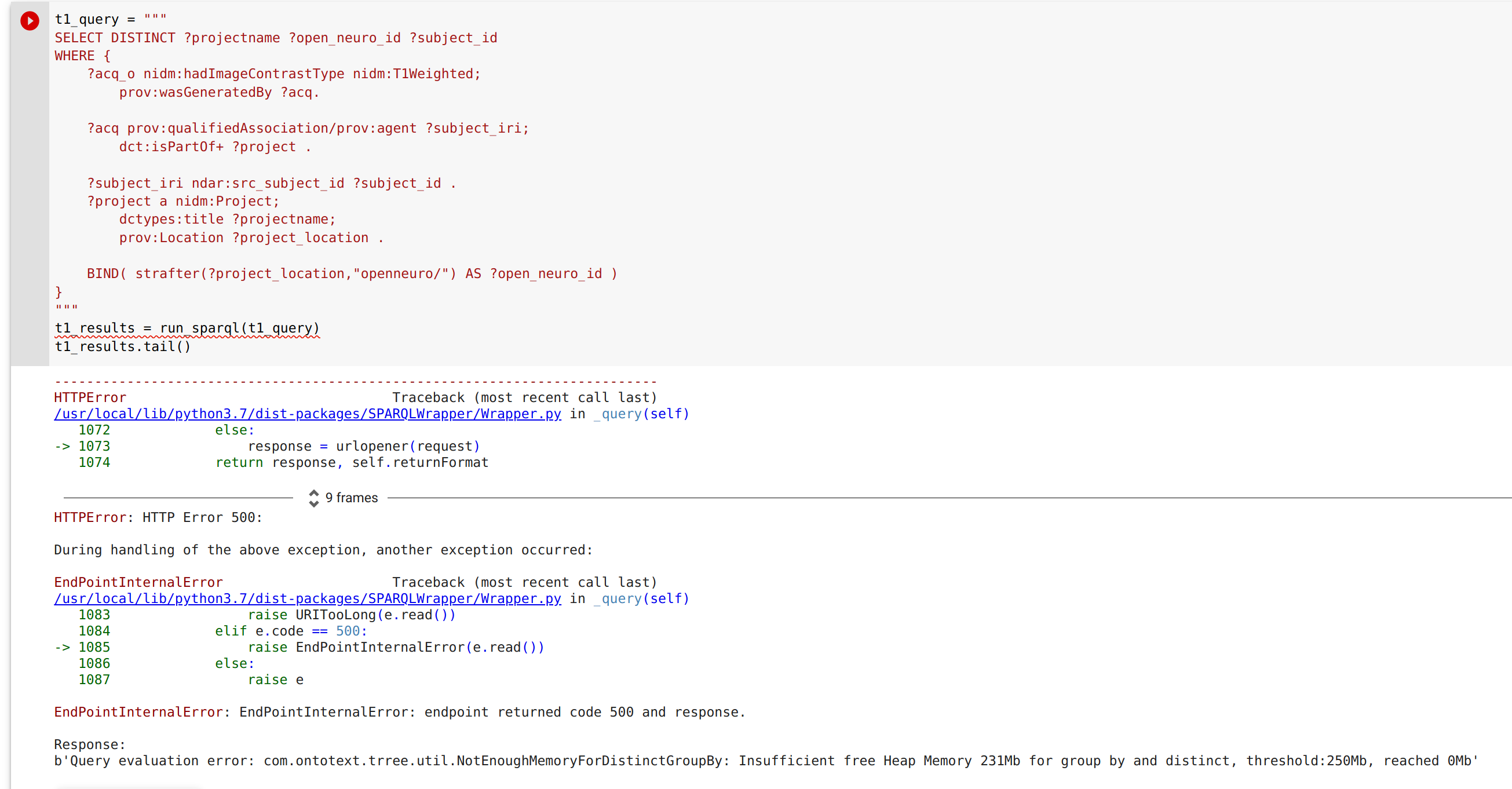Getting "out of cheese error" while running a sparql query against http ...