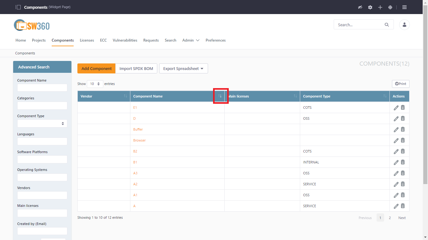 Component list Sorting Error base on component name · Issue #1223 · eclipse-sw360/sw360 · GitHub