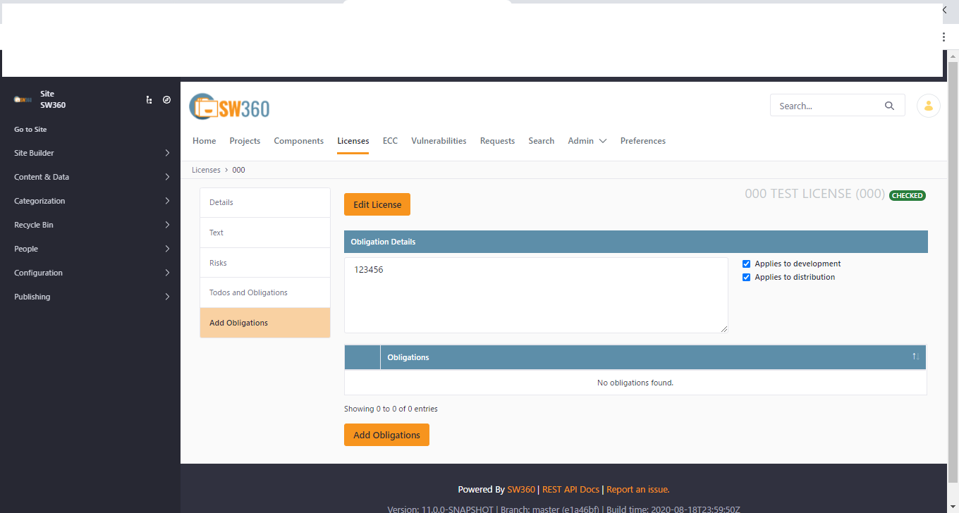 Adding obligation in licenses tab is broken · Issue #959 · eclipse-sw360/sw360 · GitHub