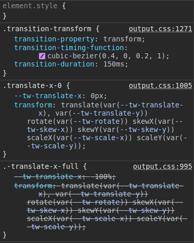 translate-x-0 and -translate-x-0 are written before translate-x-full ...