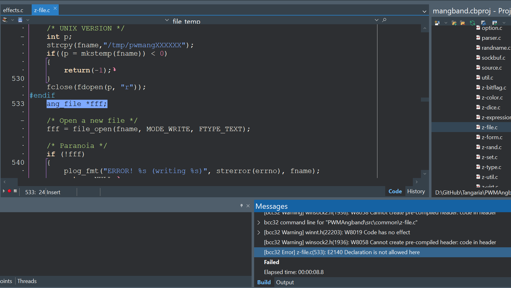 [bcc32 Error] z-file.c(533): E2140 Declaration is not allowed here ...