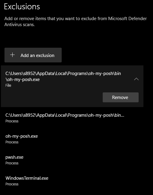 oh-my-posh took long time to init. (Windows Defender, or AntiVirus, has an exclusion configured ...