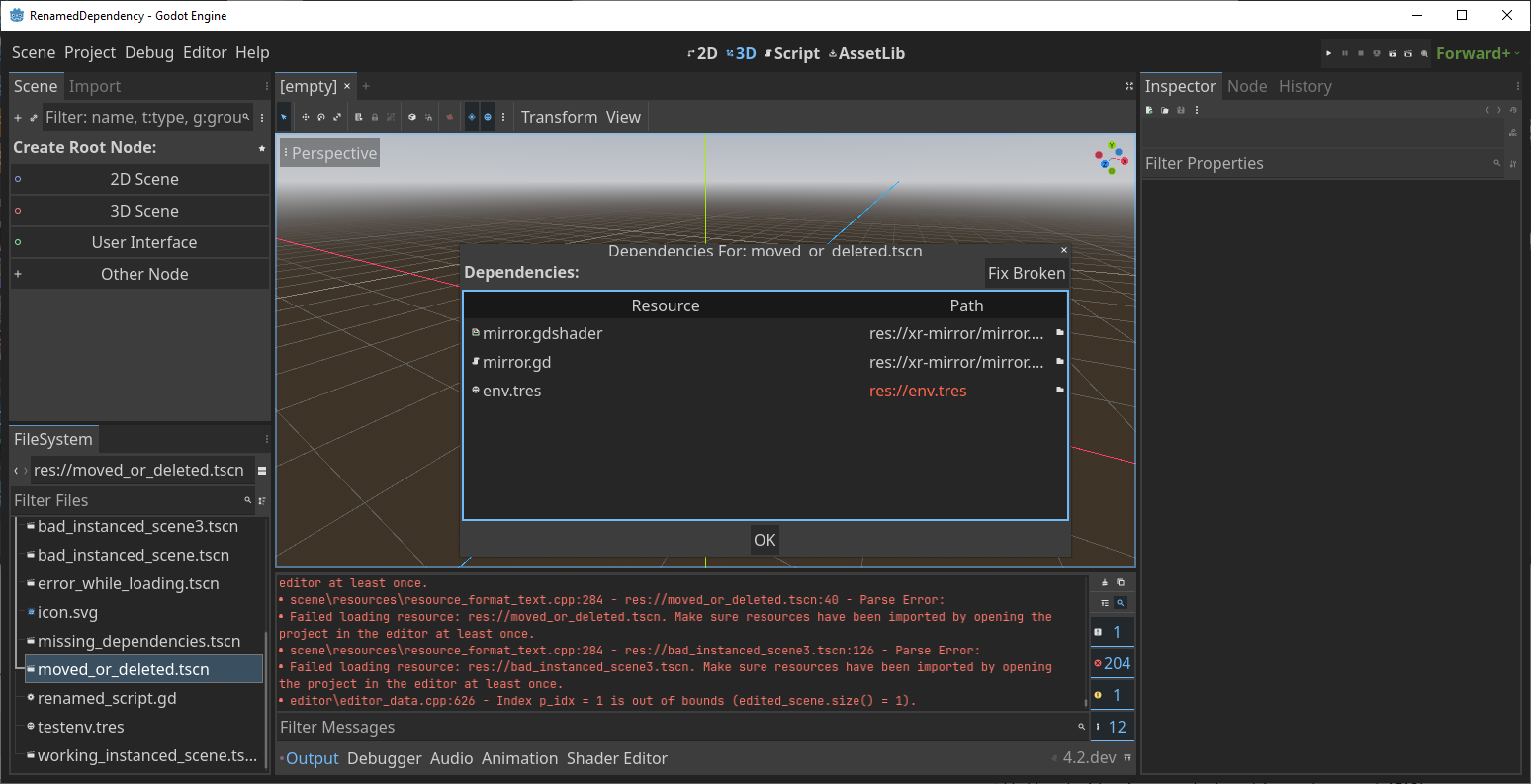Arbitrary incorrect error messages opening a .tscn with missing dependency · Issue #82678 ...