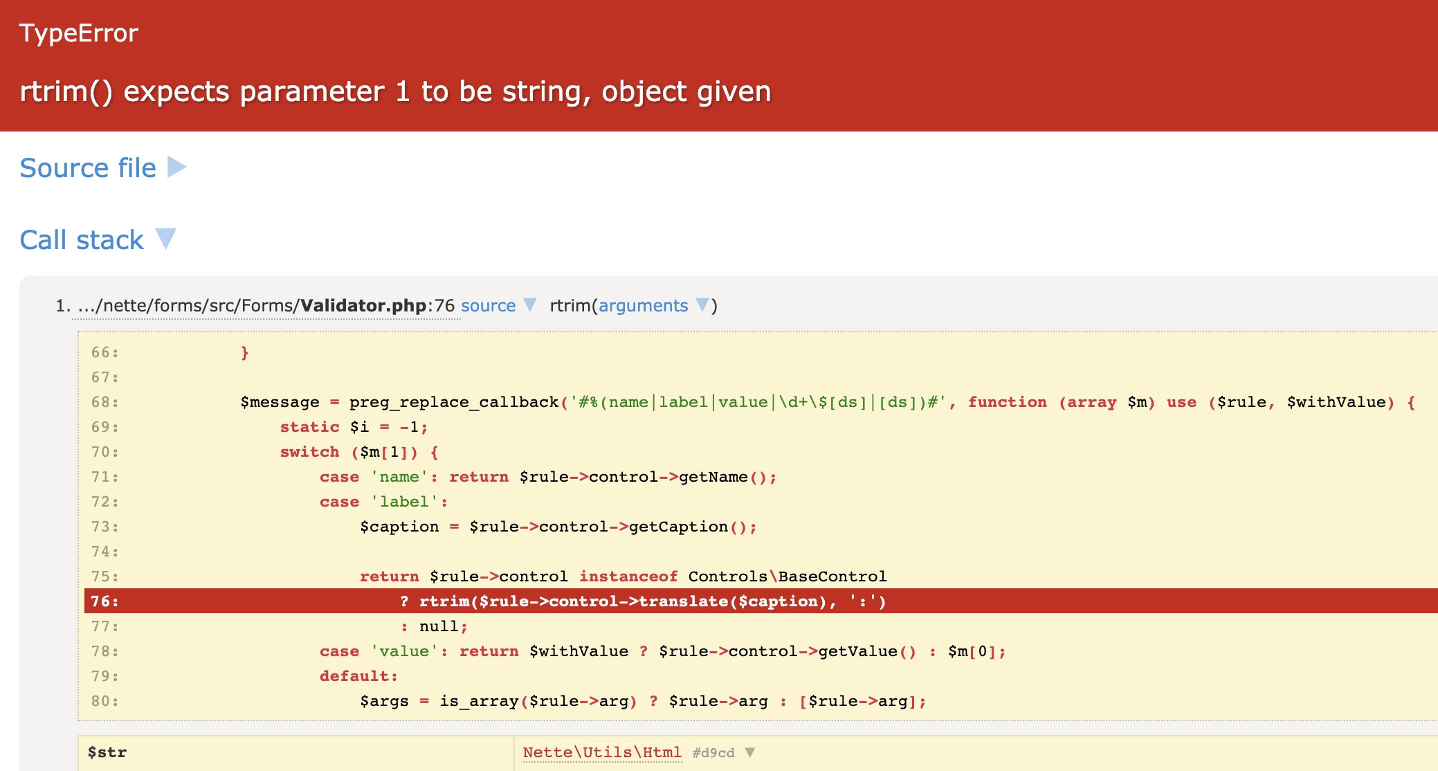 Using Nette Utils Html As Label With Validation Causes Rtrim Expects Parameter 1 To Be String