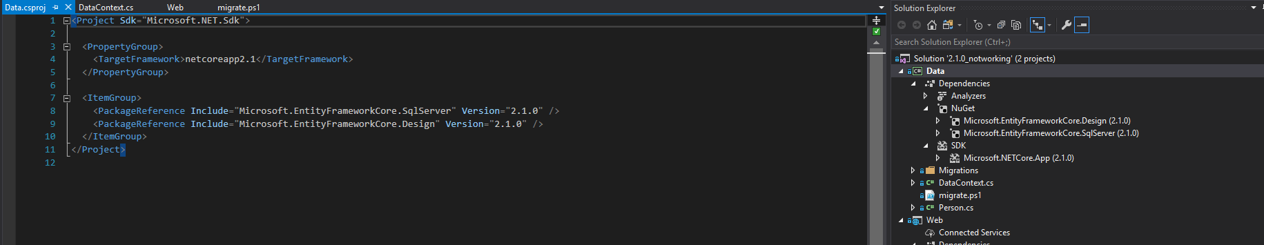 Migration in 2.1-preview2 fails with "Your startup project doesn't reference Microsoft ...