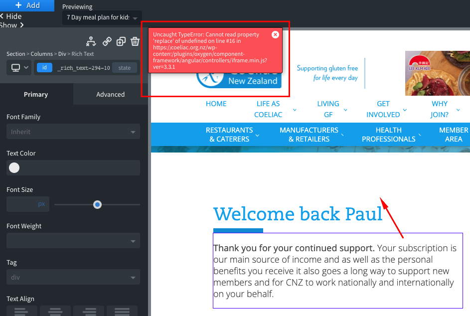 Oxygen template displays "failed to load template data" - no structure panel data is visible ...