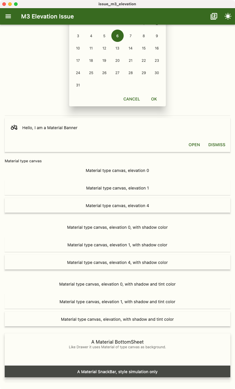Elevation issue with `Material` widget, when opting in on `useMaterial3 ...