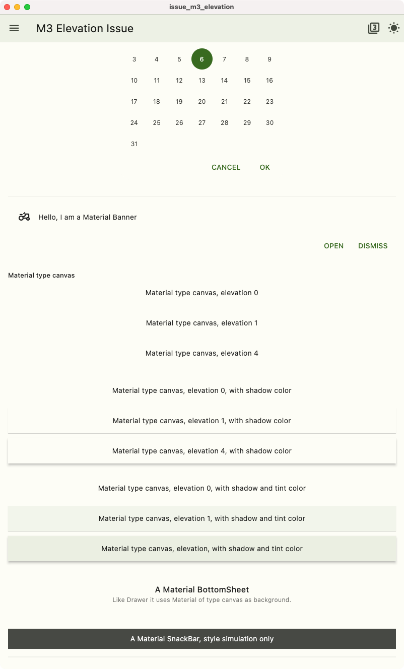 Elevation issue with `Material` widget, when opting in on `useMaterial3` causes widespread ...