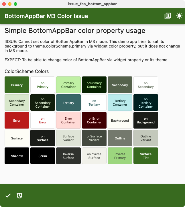 bottomNavigationBar / BottomAppBar not coloring when using Material 3 · Issue #115 · rydmike ...