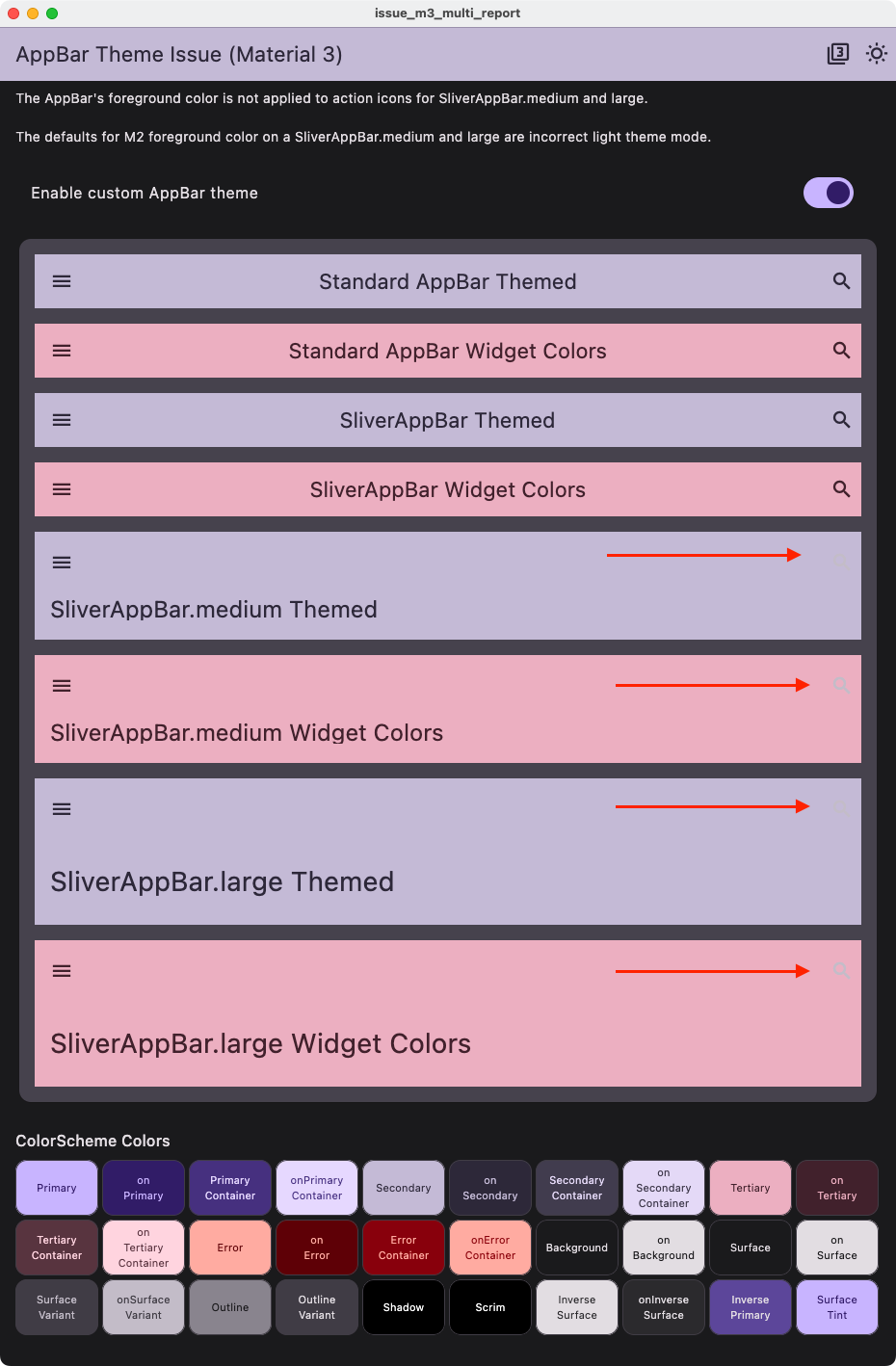[Material] SliverAppBar.medium and SliverAppBar.large Theming and Defaults Issue · Issue #123943 ...