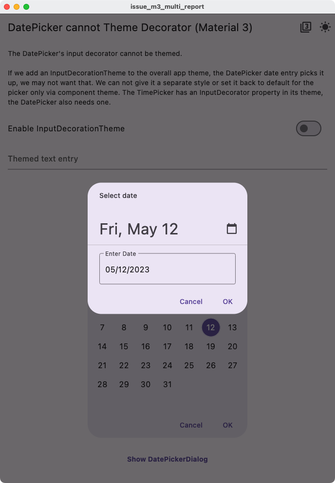 [Material 3] DatePicker date entry InputDecorator cannot have own theme · Issue #126617 ...