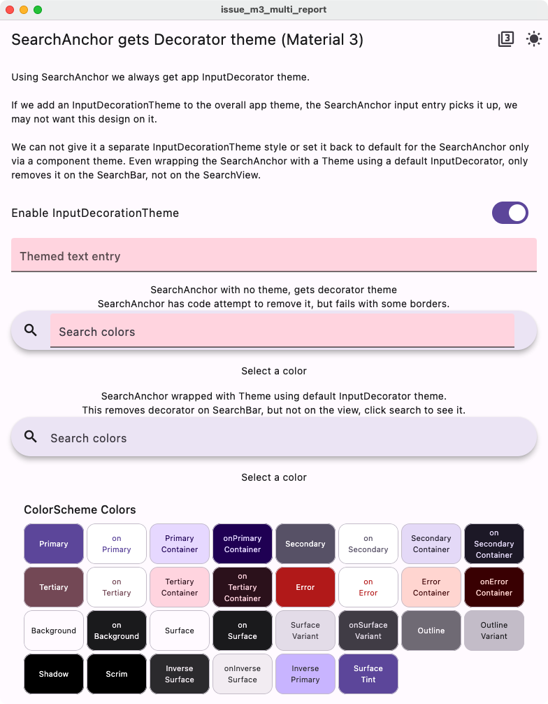 (Material3) SearchAnchor.bar picks up app InputDecorator theme and it ...