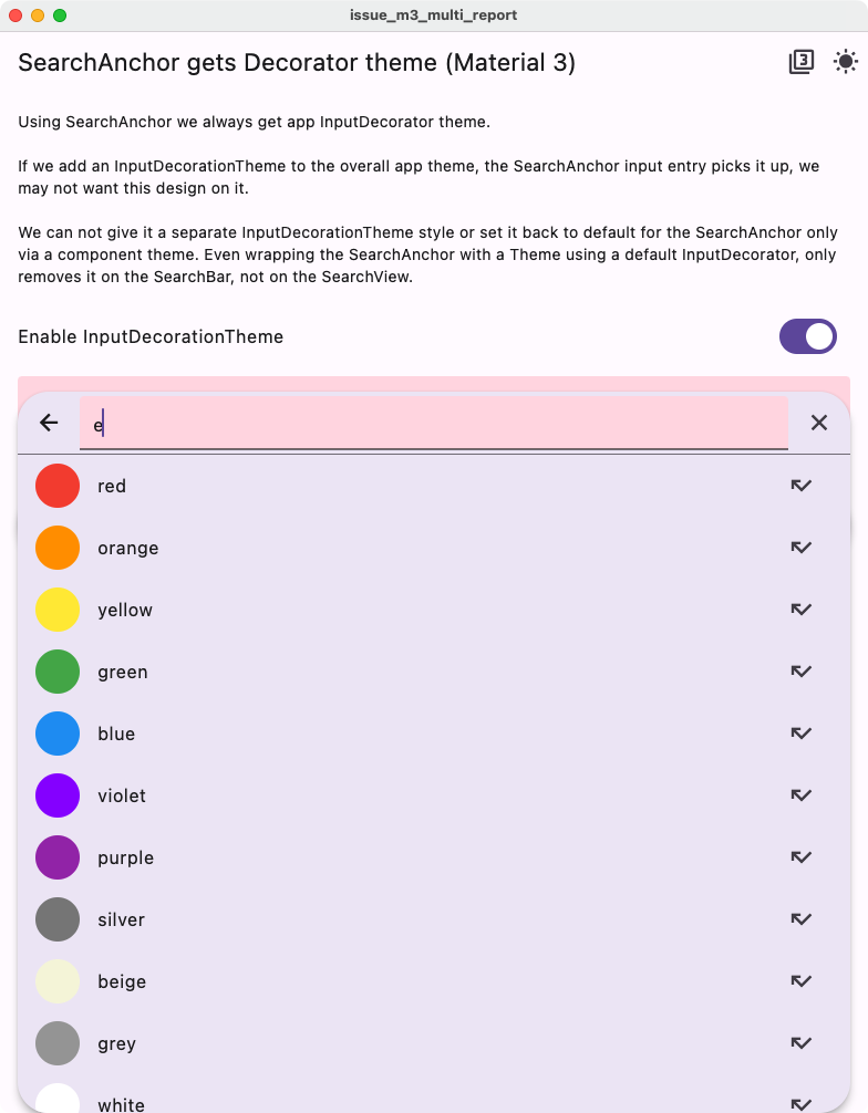 (Material3) SearchAnchor.bar picks up app InputDecorator theme and it cannot be removed · Issue ...