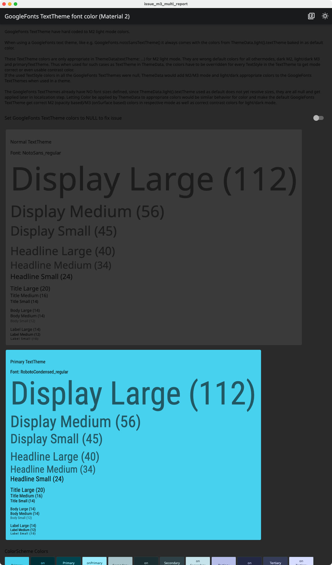 Using GoogleFonts TextThemes as input in ThemeData produces wrong ...