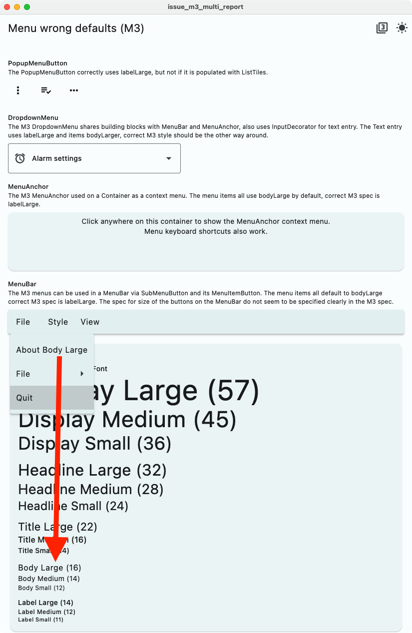 TextStyles in Menus do not follow Material-3 spec · Issue #131676 · flutter/flutter · GitHub