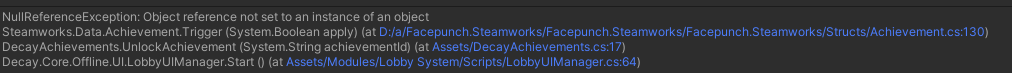 Achievement.cs Object reference not set to an instance of an object when steam isn't valid ...