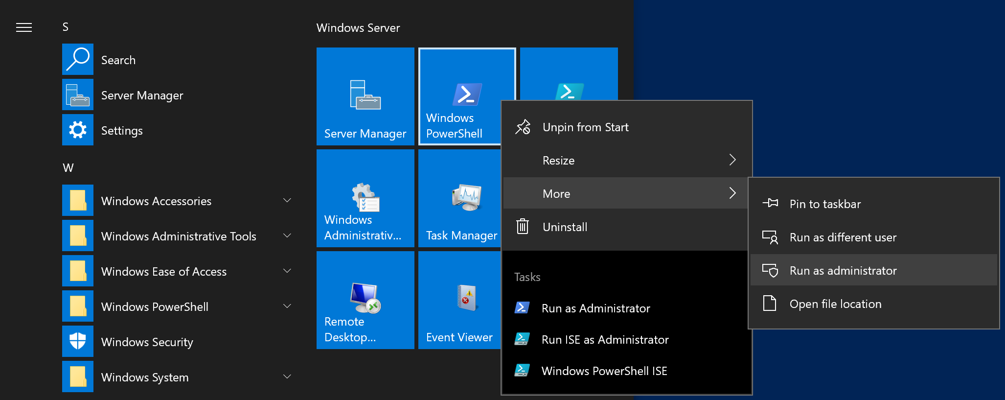 Windows PowerShell doesn't take environment variable changes when opened with Tasks -> Run as ...