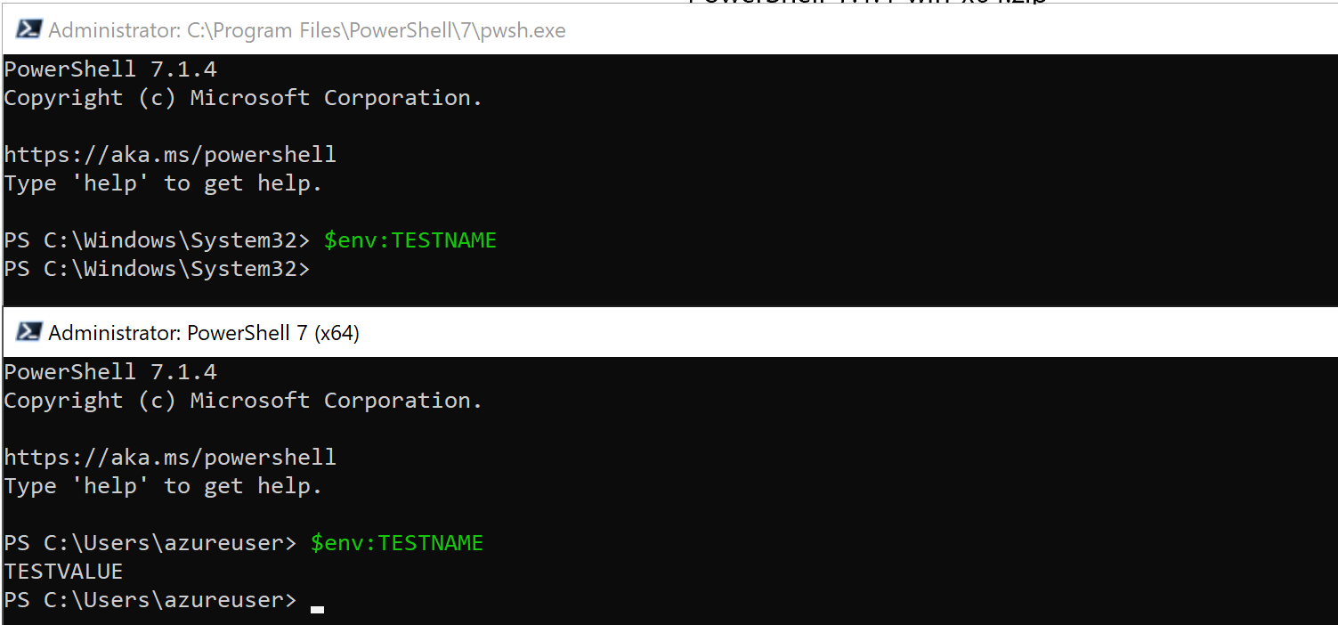 Windows PowerShell doesn't take environment variable changes when opened with Tasks -> Run as ...
