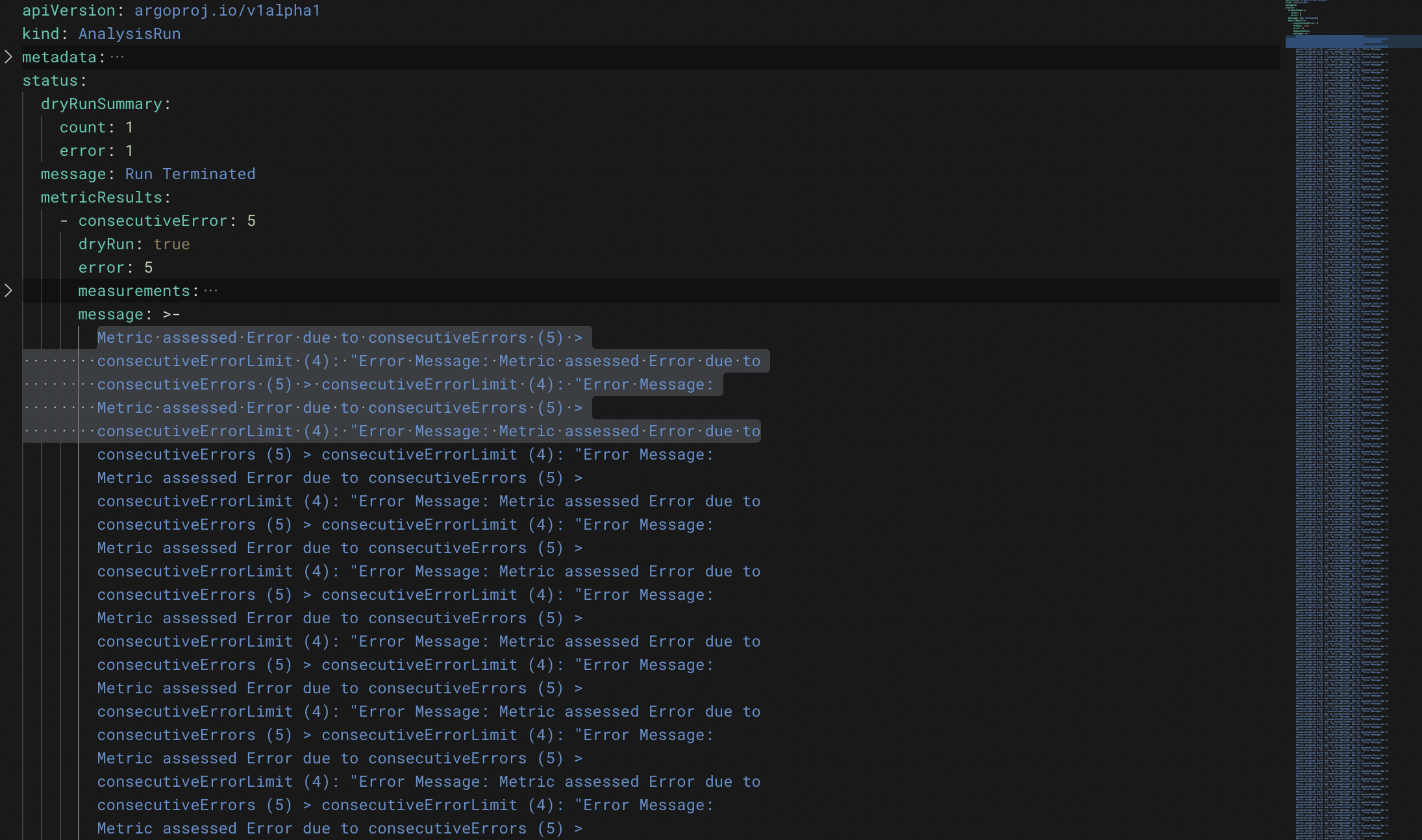 AnalysisRun final error message for metrics that failed to run, is very long and repeating ...