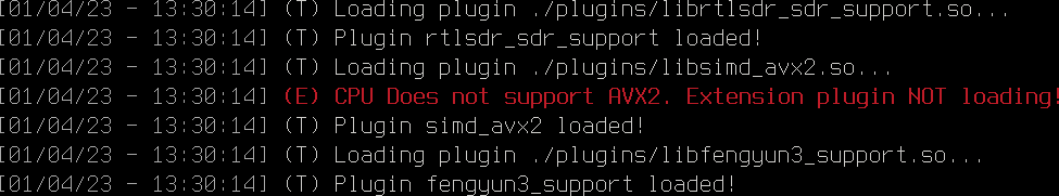 The red string in the start log: (E) CPU Does not support AVX2. Extension plugin NOT loading ...