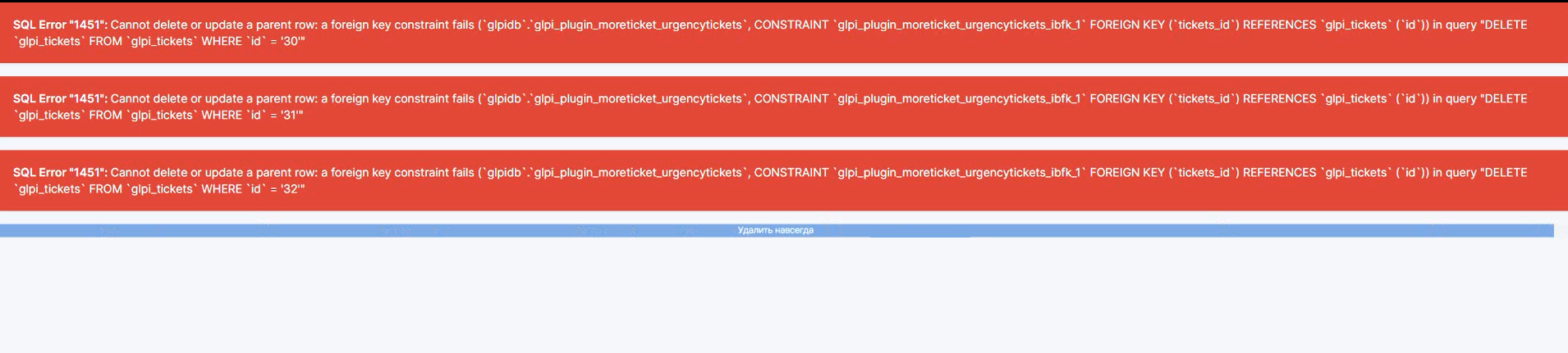 Cannot delete or update a parent row: a foreign key constraint fails (`glpidb`.`glpi_plugin ...