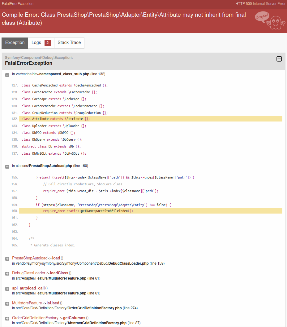 PHP 8 issue: Compile Error: Class PrestaShop\PrestaShop\Adapter\Entity\Attribute may not inherit ...