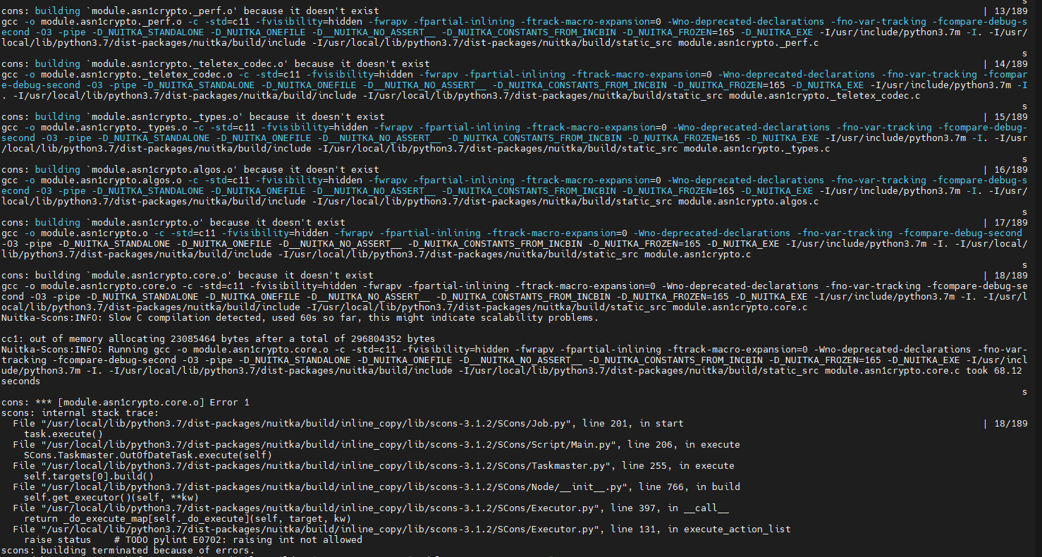Out of memory for C compiler can result in: raising int is not allowed exception from C compiler ...