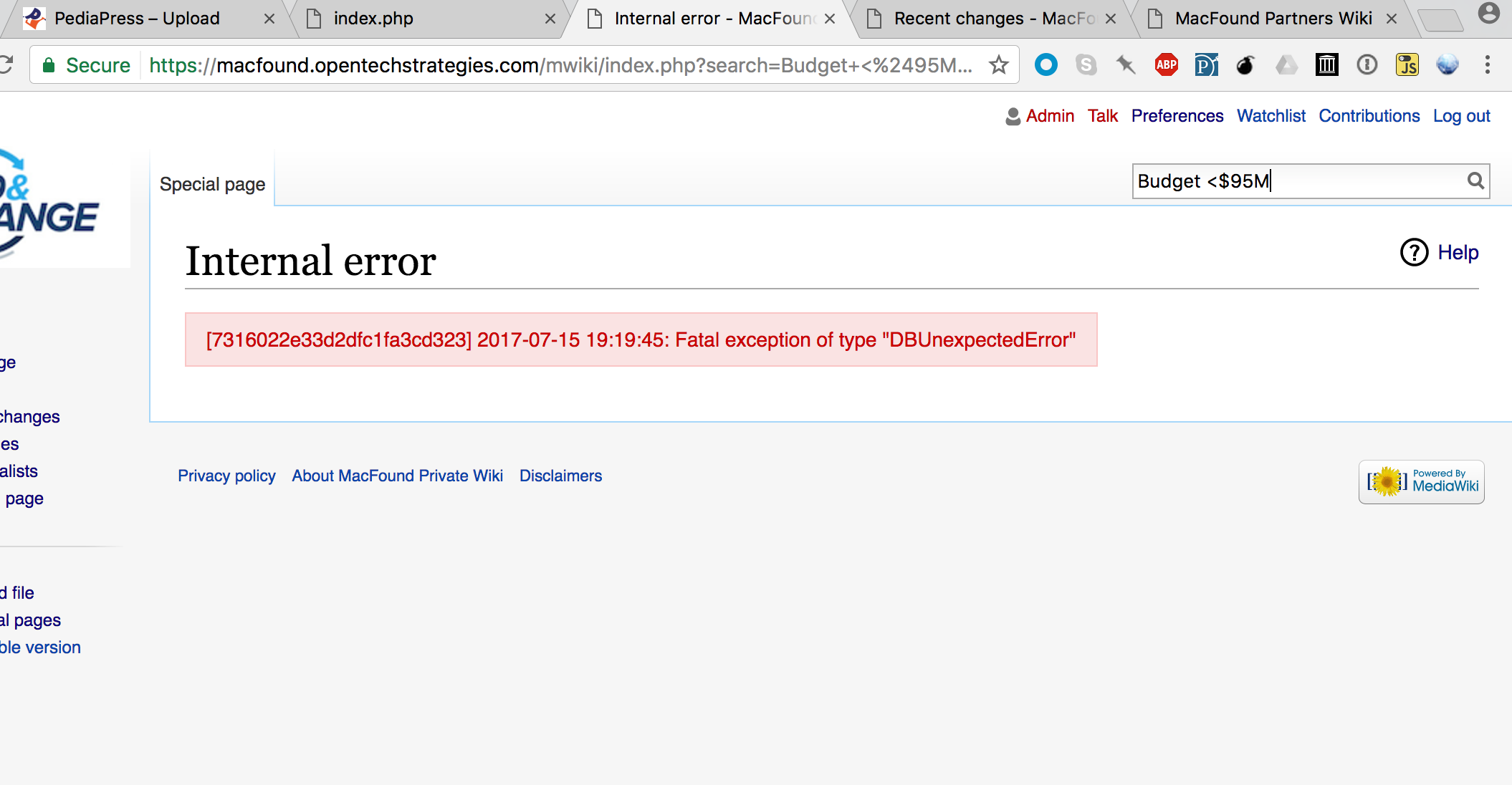 Wiki search shows error with search string "Budget