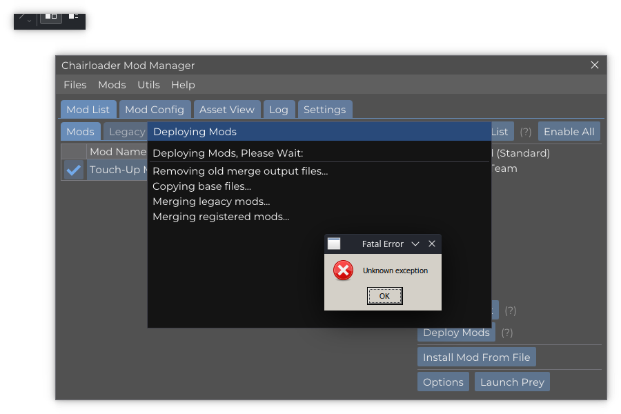 Unknown Exception While Deploying Touch-up Mod · Issue #50 · thelivingdiamond/Chairloader · GitHub