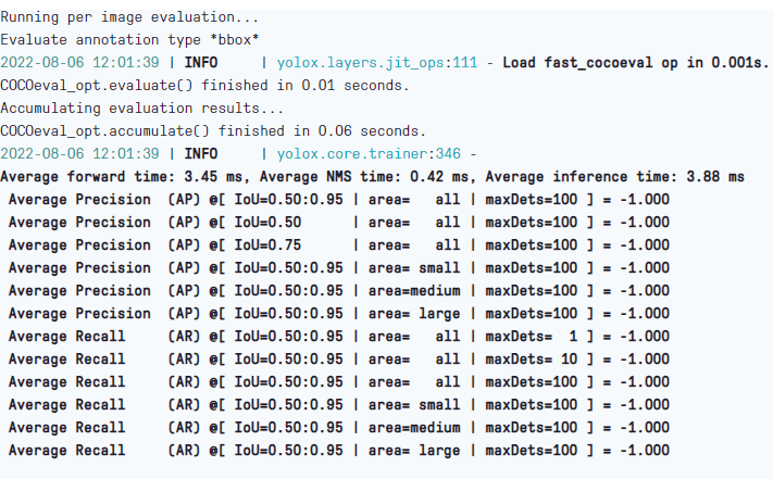 Evaluation returns all -1 · Issue #1465 · Megvii-BaseDetection/YOLOX · GitHub