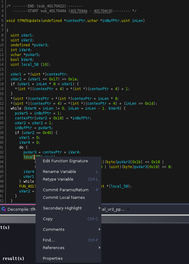 Renaming of variable and searching in the Decompile view and pop-up ...