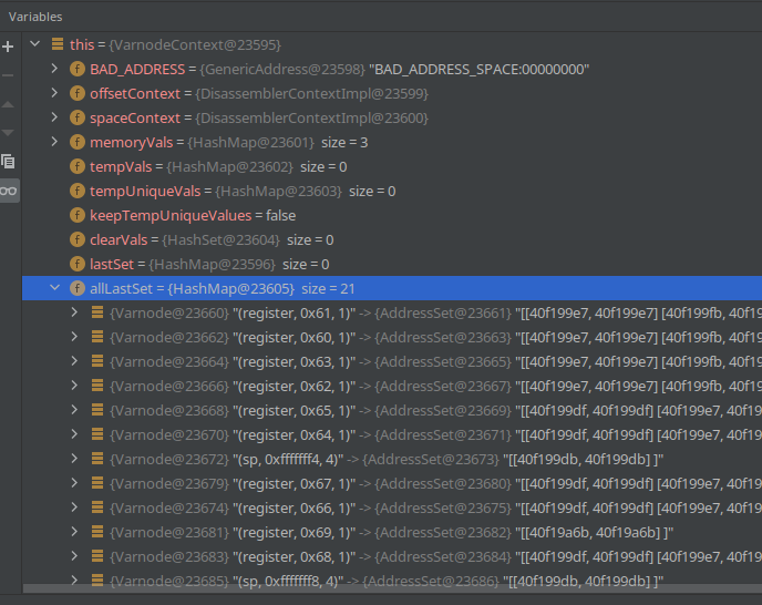 ghidra.program.util.VarnodeContext.getLastSetLocation.(Register reg, BigInteger bval) => null ...