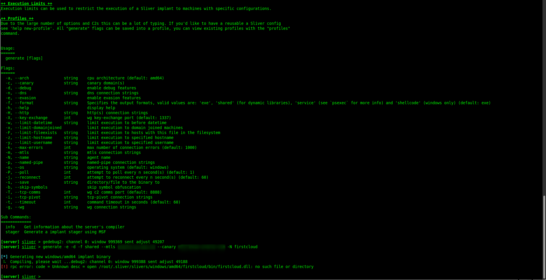 rpc error: code = Unknown desc = open /root/.sliver/slivers/windows ...